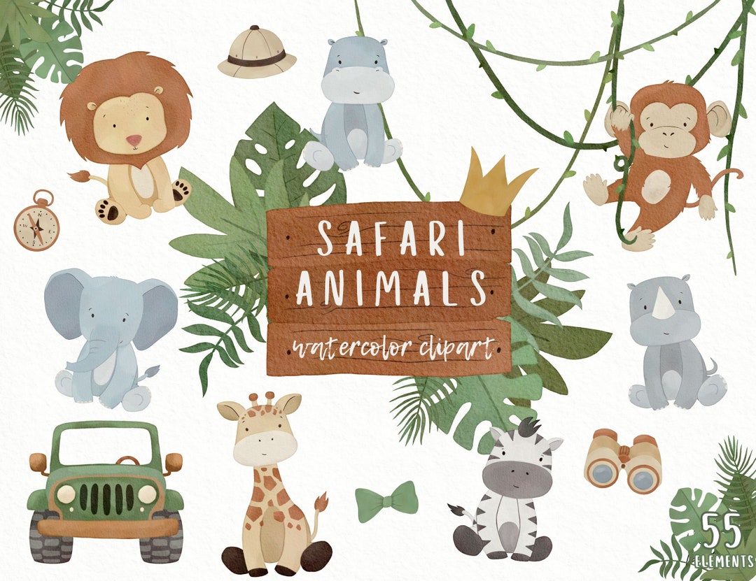 Safari Watercolor Clipart Bundle, Jungle Animals for Baby Shower and ...