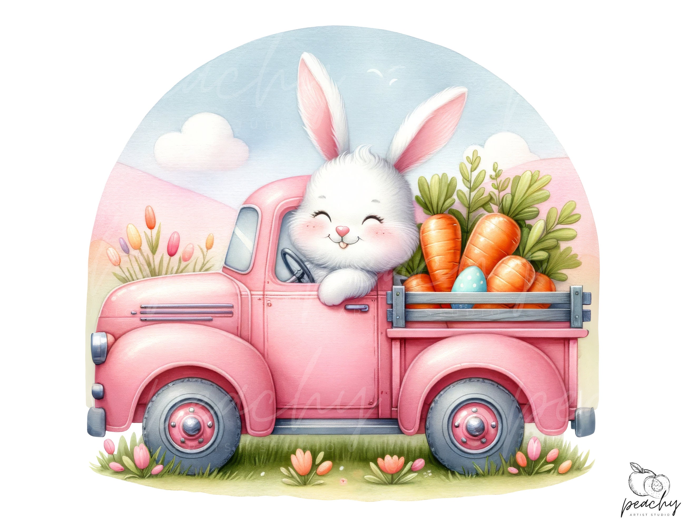 Watercolor Easter Bunny Truck Clipart, Pink Easter Truck PNG, Spring ...