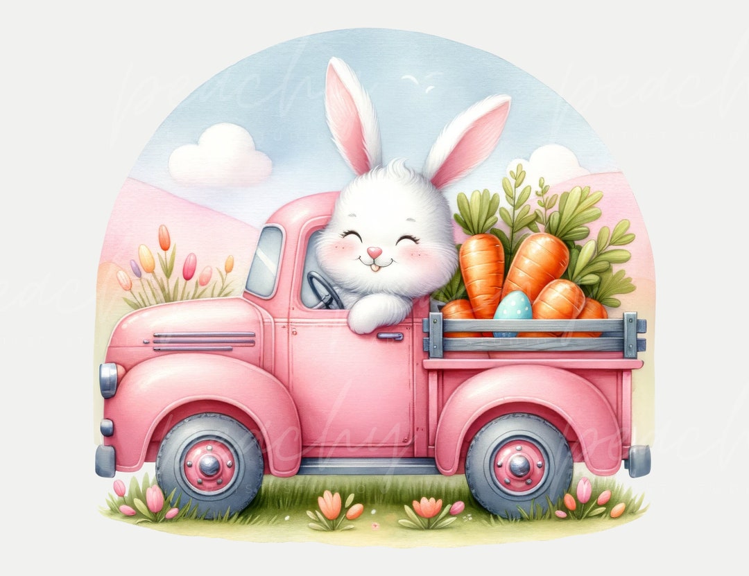 Watercolor Easter Bunny Truck Clipart, Pink Easter Truck PNG, Spring ...