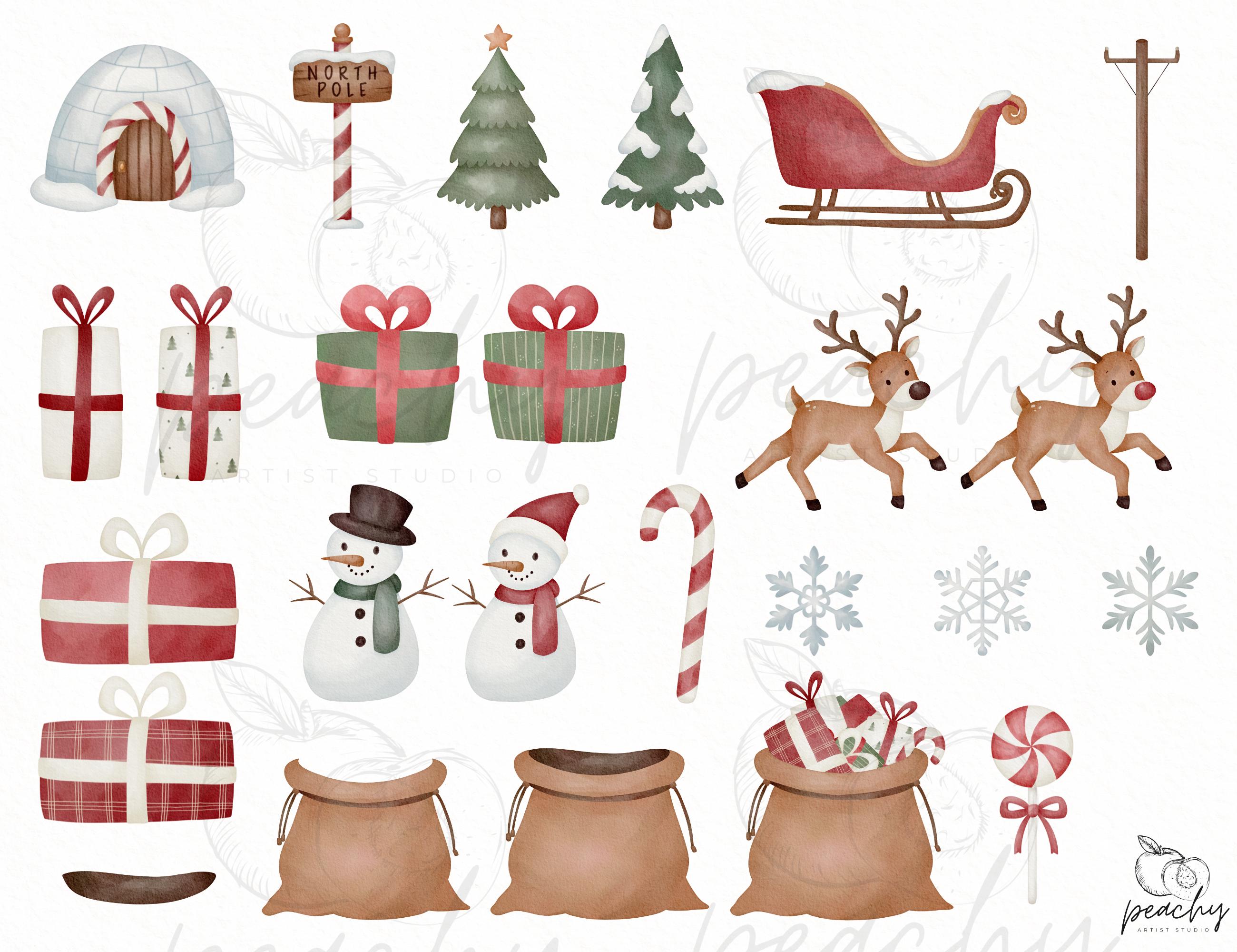 Watercolor North Pole Clipart Bundle, Christmas Theme PNG Files, Santa ...