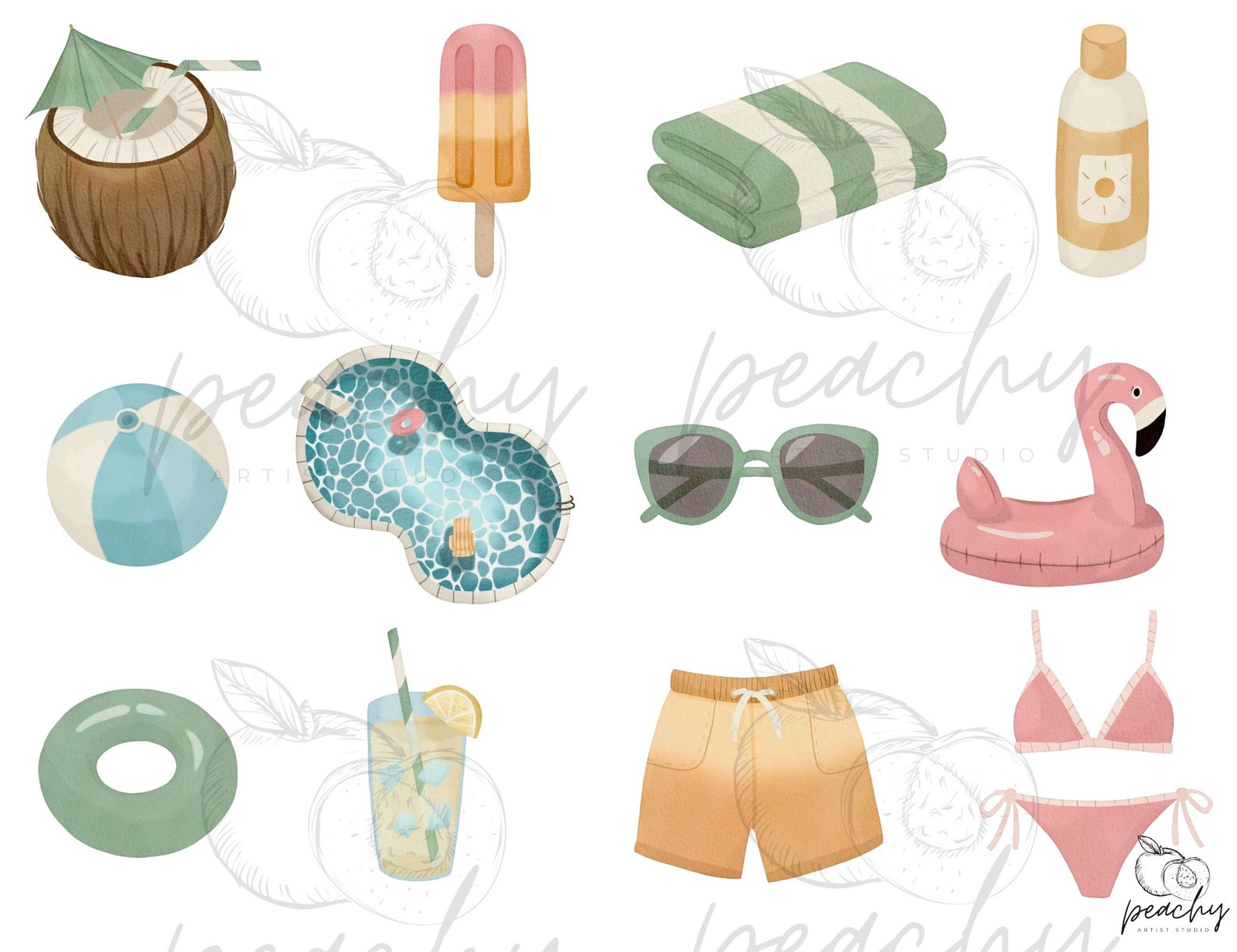 Summer Watercolor Clipart Bundle, Swimming Pool Party Theme PNG Files ...