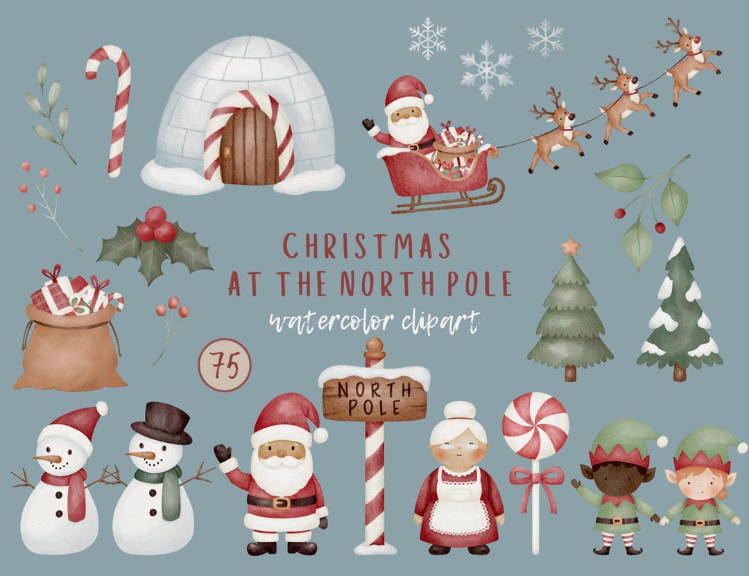 Watercolor North Pole Clipart Bundle, Christmas Theme PNG Files, Santa ...