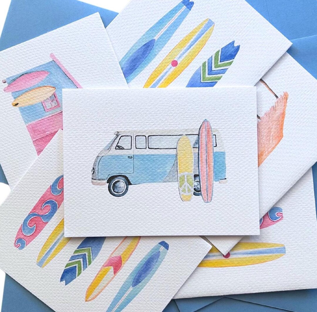 Surfboard Watercolor Note Card Set, Surfing Cards, Surfboard Stationery ...