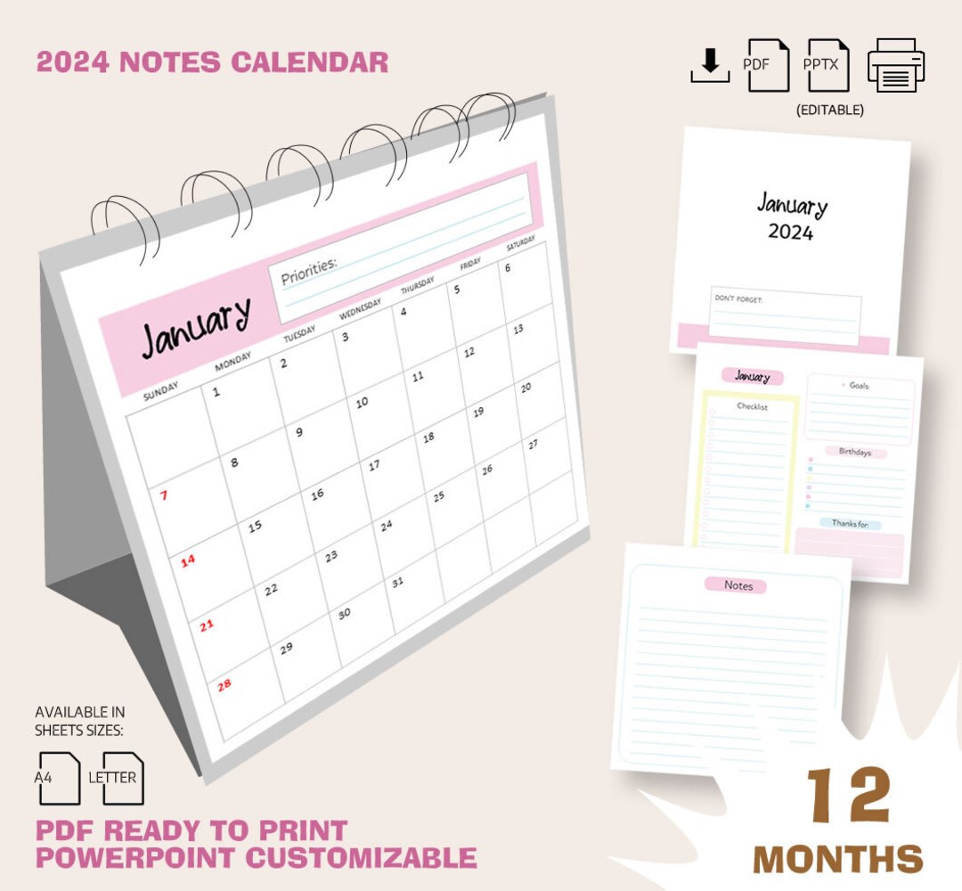 2024 Calendar Planner Printable, Note Calendar, Letter Size, A4 Size ...