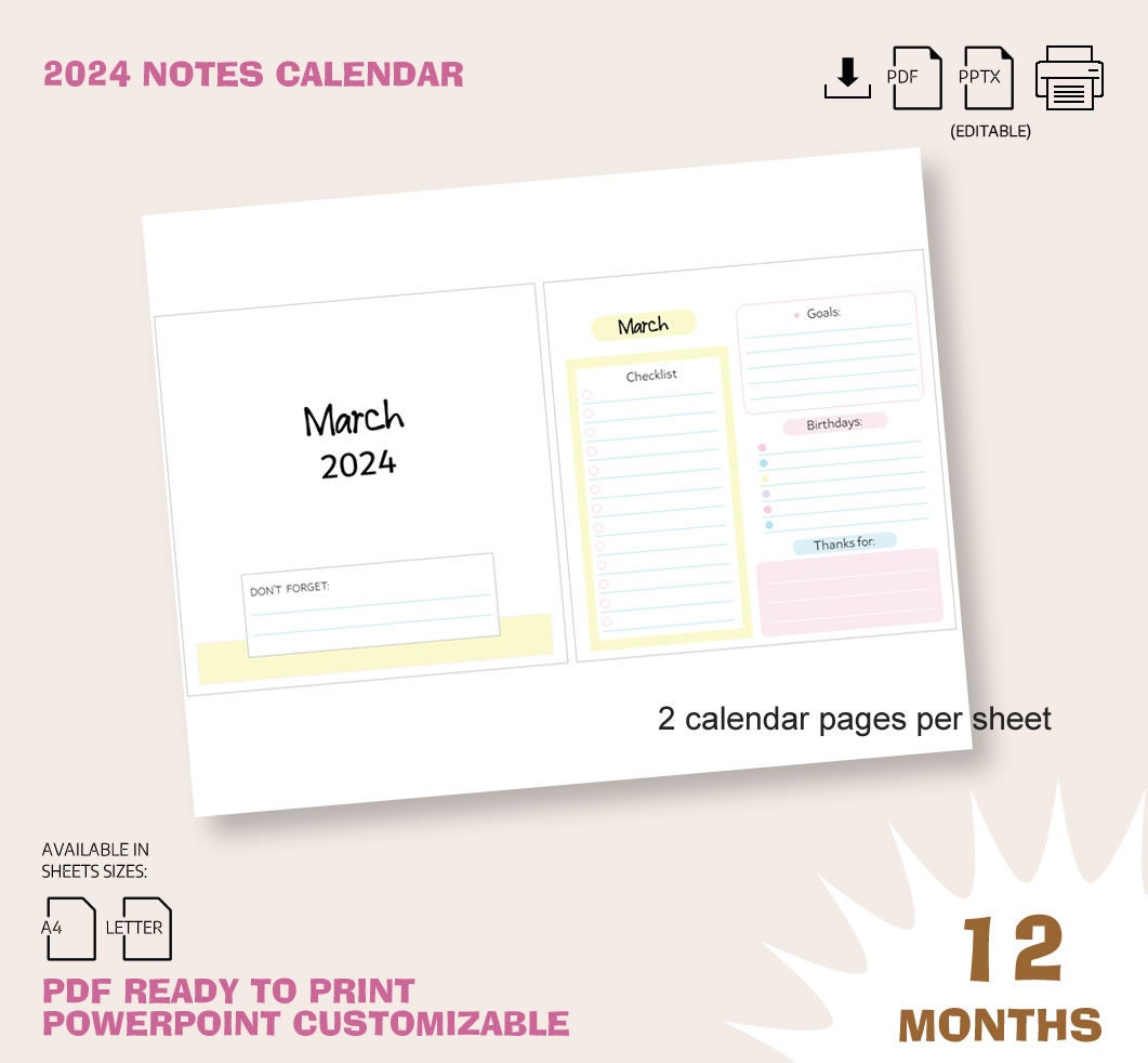 2024 Calendar Planner Printable, Note Calendar, Letter Size, A4 Size ...