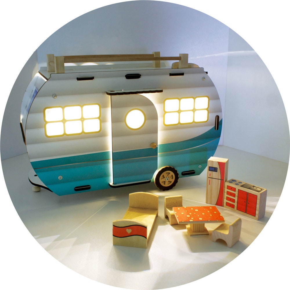 Wooden Rv Dollhouse With Led, Wooden Caravan Play Set With Led, Wooden ...