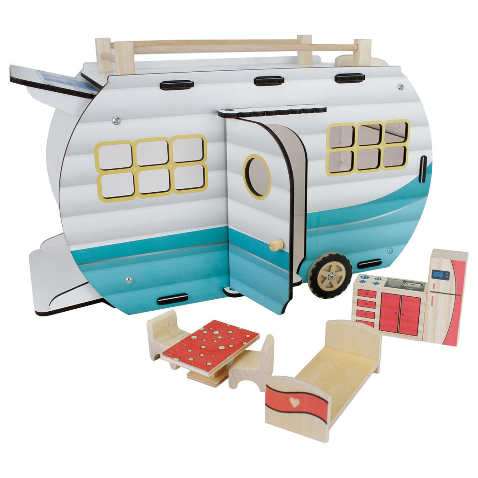 Wooden Rv Dollhouse With Led, Wooden Caravan Play Set With Led, Wooden ...