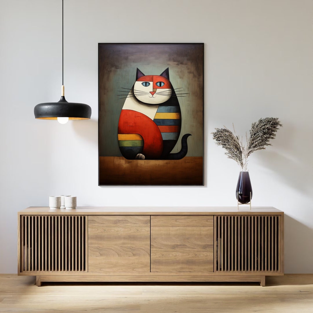 Contemporary Cat Art Framed Wall Art Cubist Fat Cat Art - Etsy
