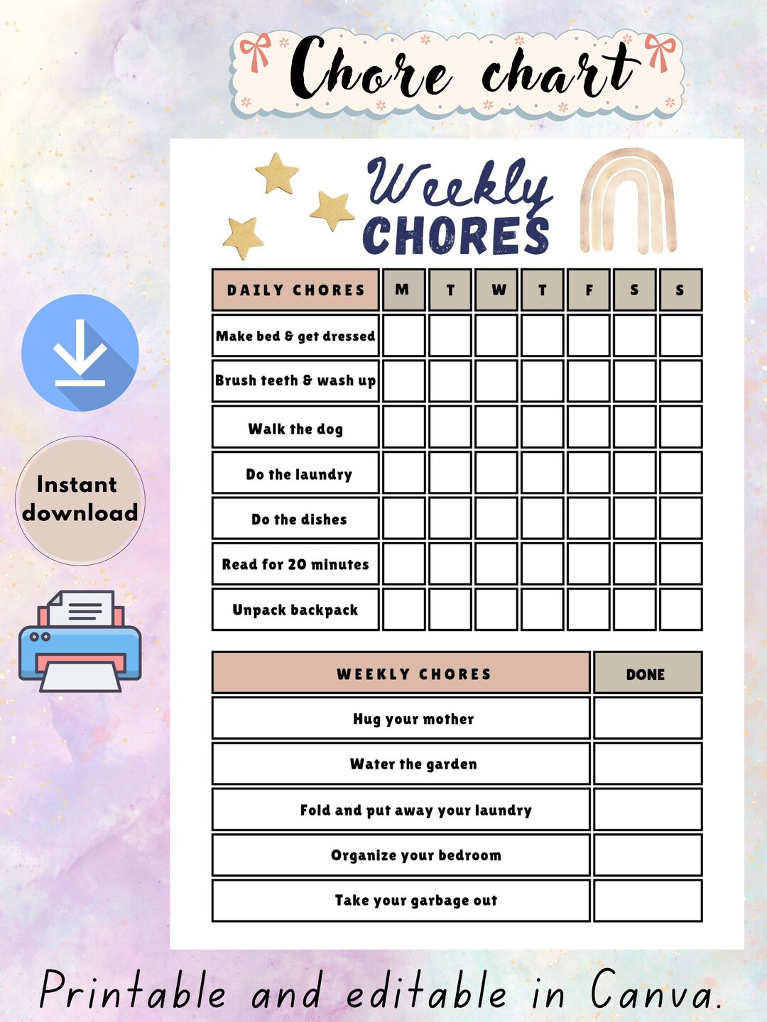 Printable Kids Chore Chart: Daily & Weekly, Editable (digital Download ...