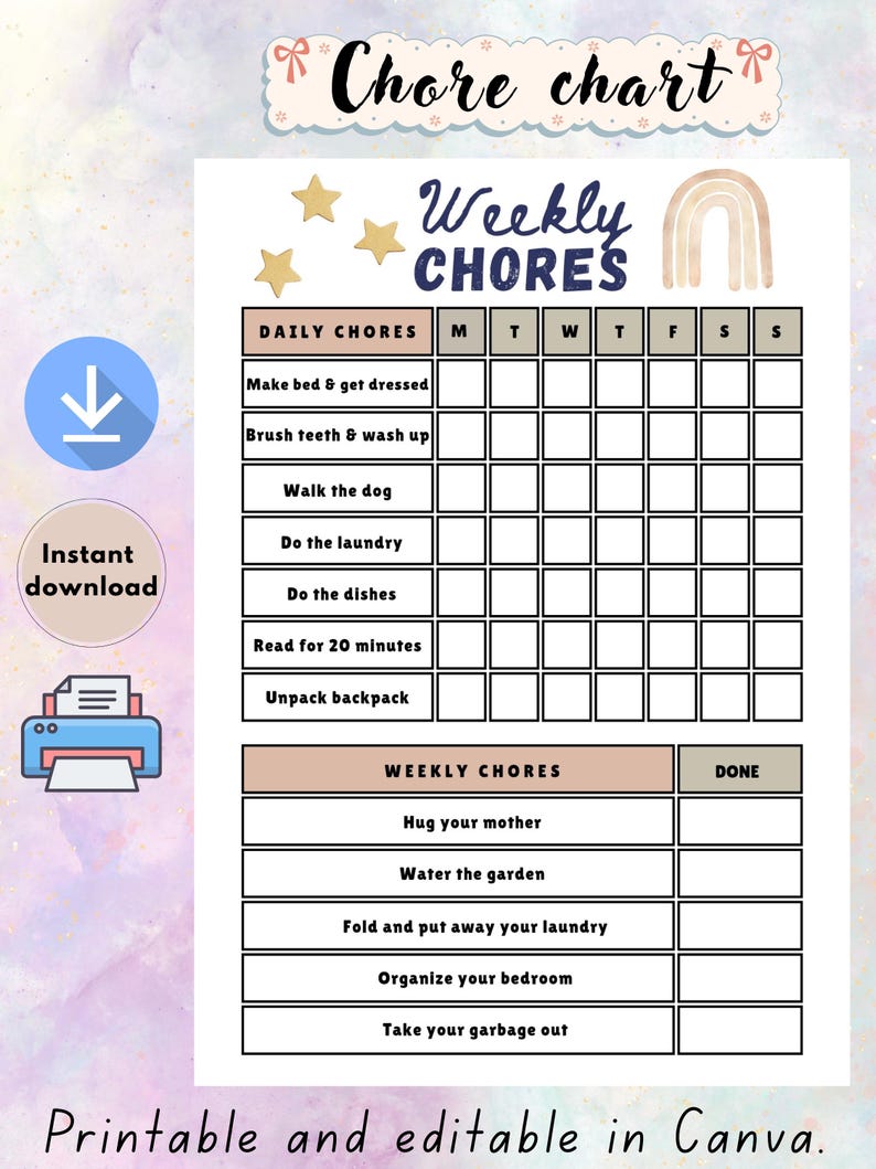Printable Kids Chore Chart: Daily & Weekly, Editable (digital Download ...