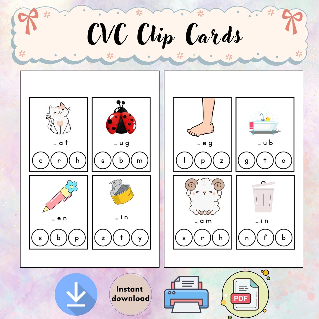 Phonics CVC Clip Cards Activity Printable, Sight Words, Learn to Read ...