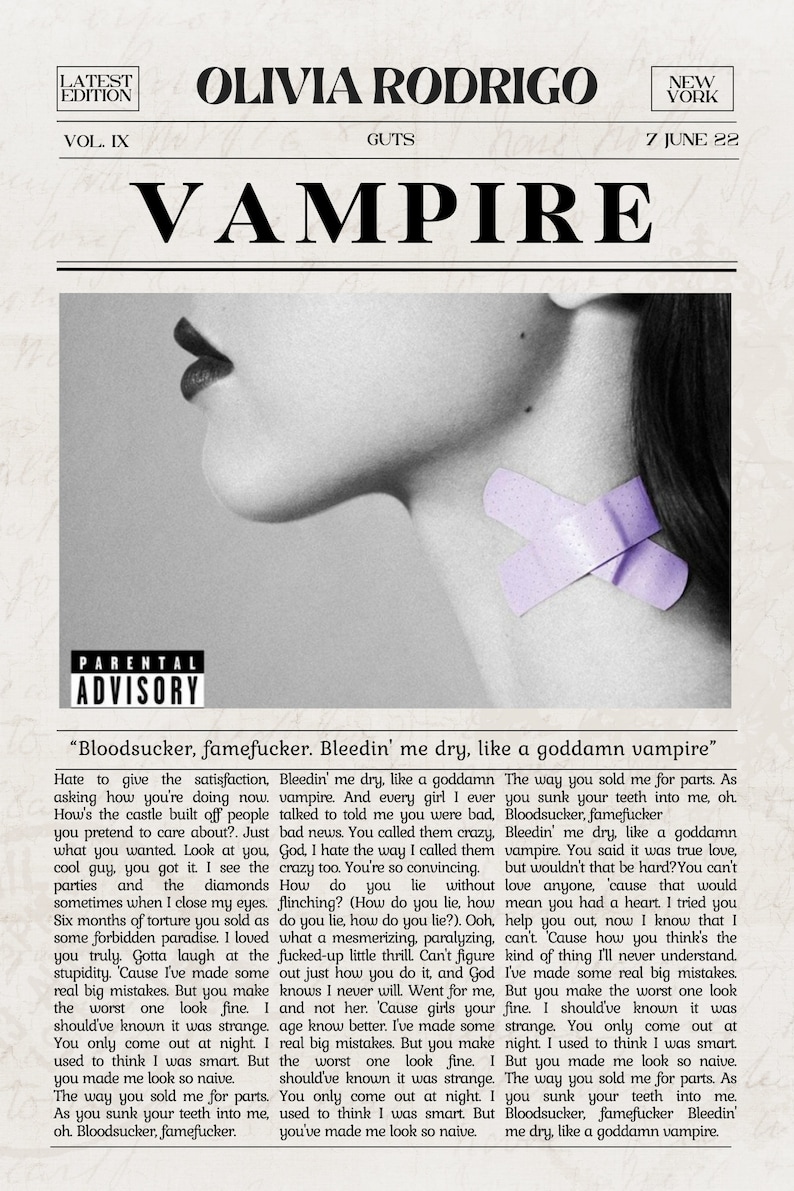 Olivia Rodrigo Vampire Album Poster Guts Music Album Cover - Etsy