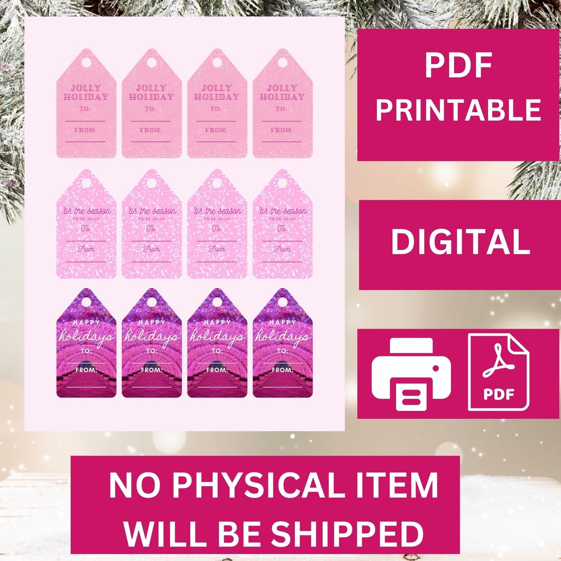 12 Printable Christmas Pink Gift Tags, Digital Pink Christmas Present ...