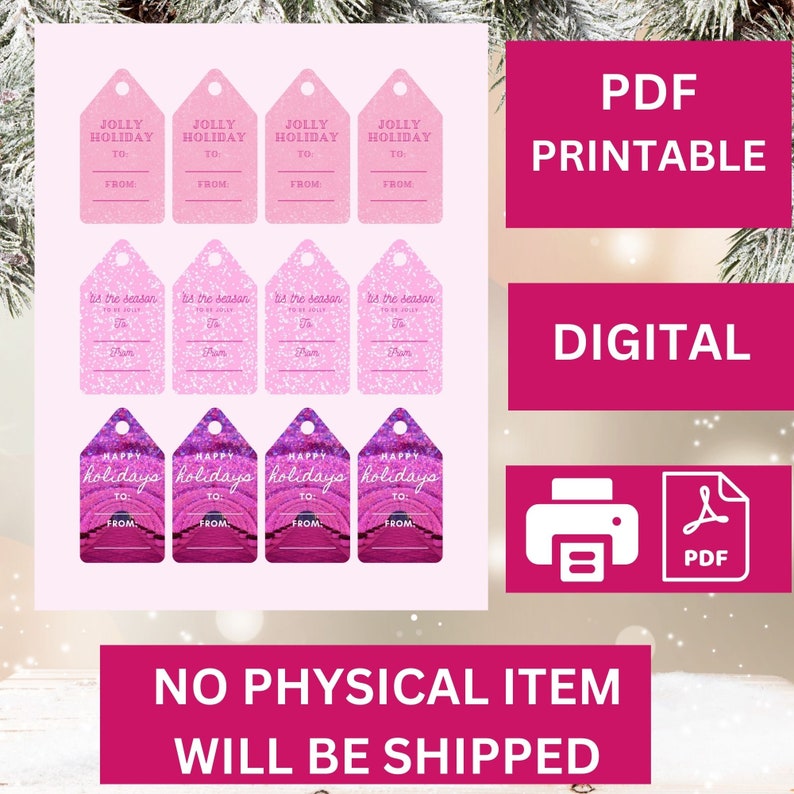 12 Printable Christmas Pink Gift Tags, Digital Pink Christmas Present ...