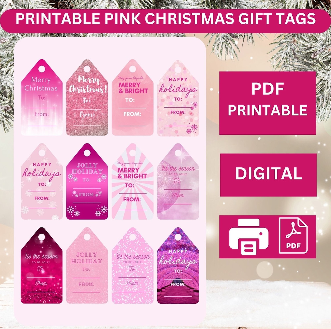 12 Printable Christmas Pink Gift Tags Digital Pink Christmas - Etsy