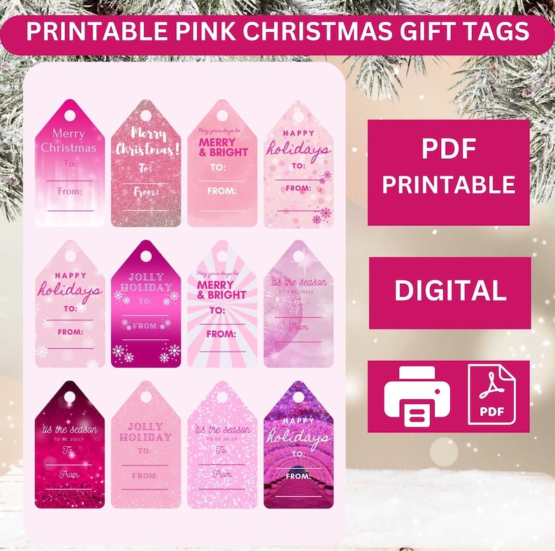 12 Printable Christmas Pink Gift Tags, Digital Pink Christmas Present ...