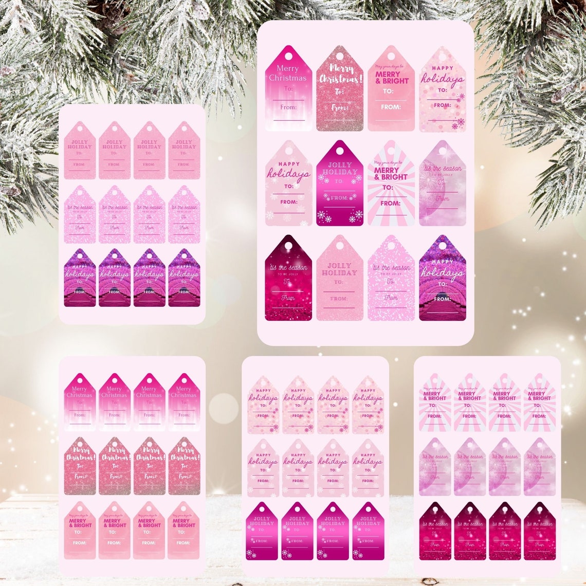 12 Printable Christmas Pink Gift Tags, Digital Pink Christmas Present ...