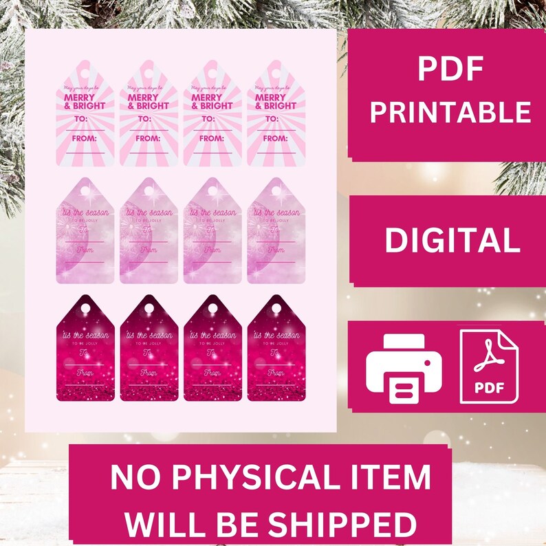 12 Printable Christmas Pink Gift Tags, Digital Pink Christmas Present ...