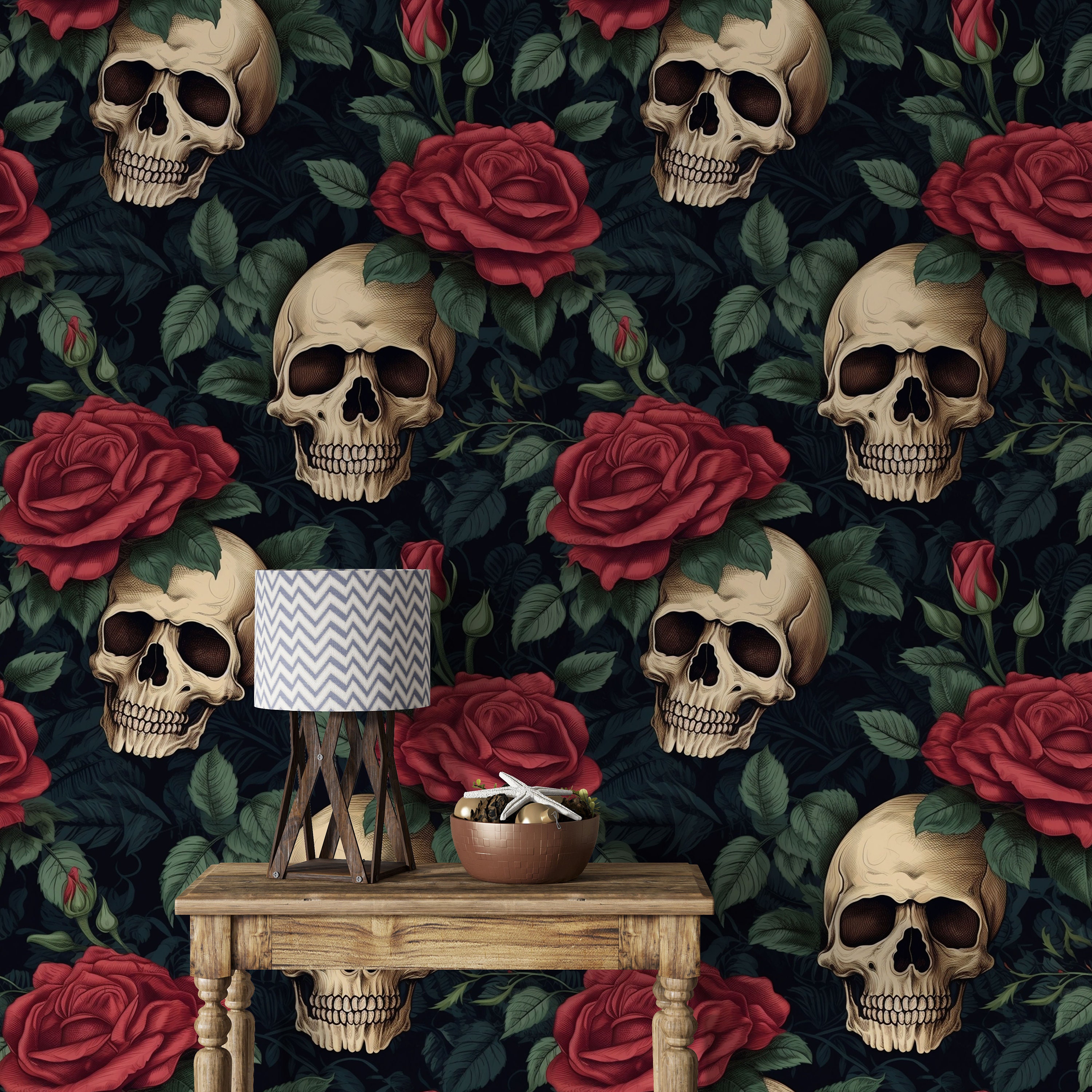 Skull and Rose Wallpaper, Floral Skull Pattern Wallpaper, Dark Artistic ...