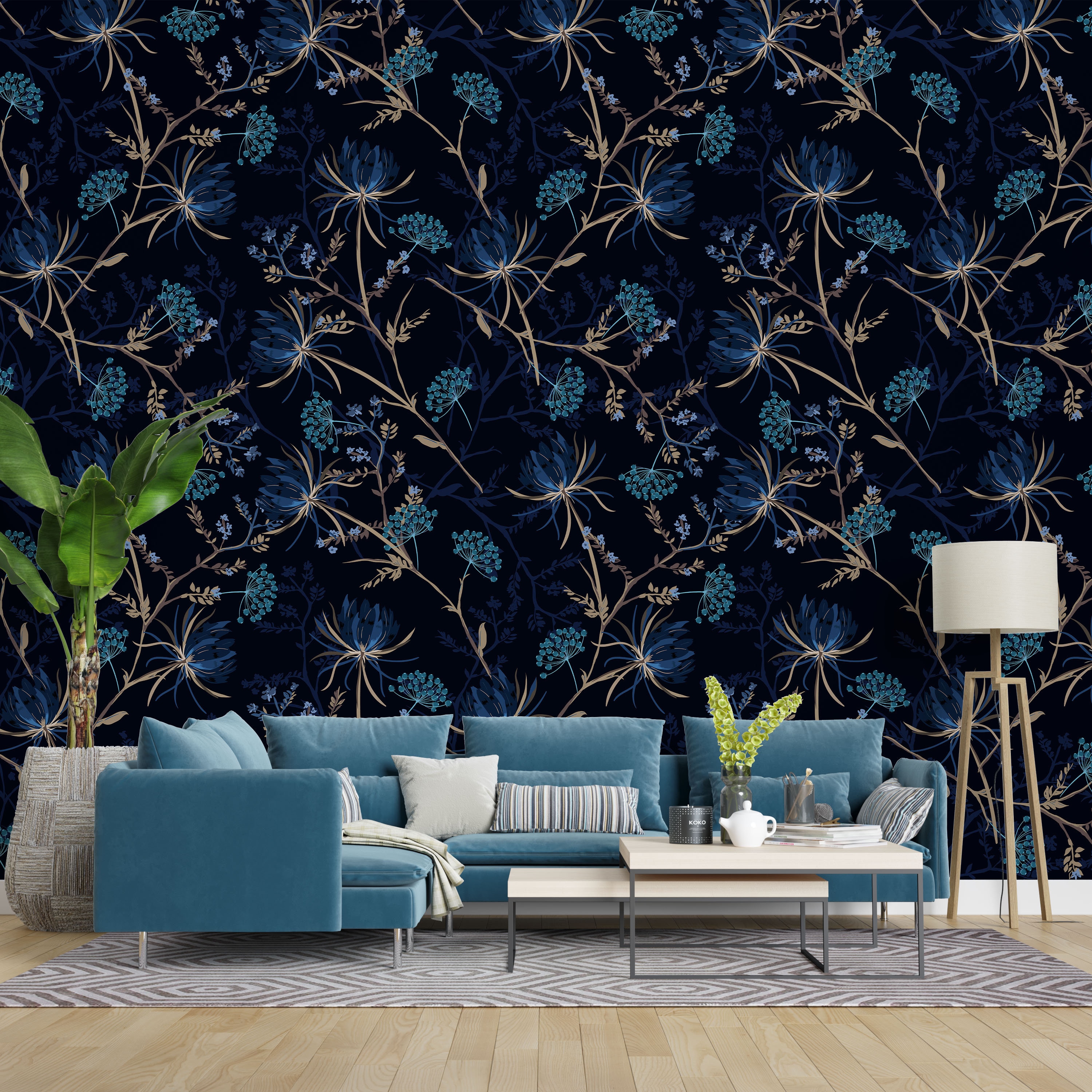 Midnight Lilac Botanical Wallpaper, Mystic Blue Violet Wall Covering ...