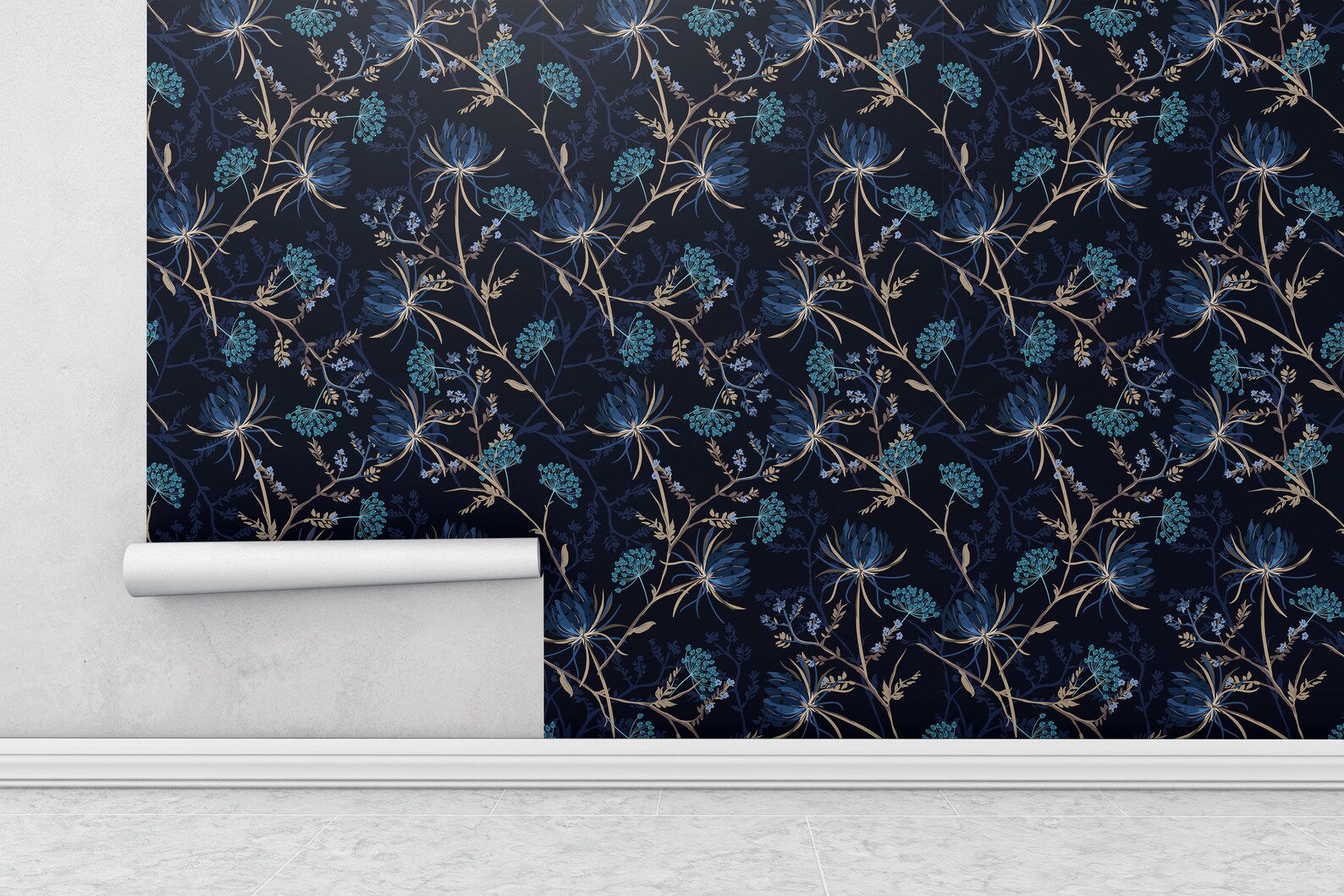 Midnight Lilac Botanical Wallpaper, Mystic Blue Violet Wall Covering ...