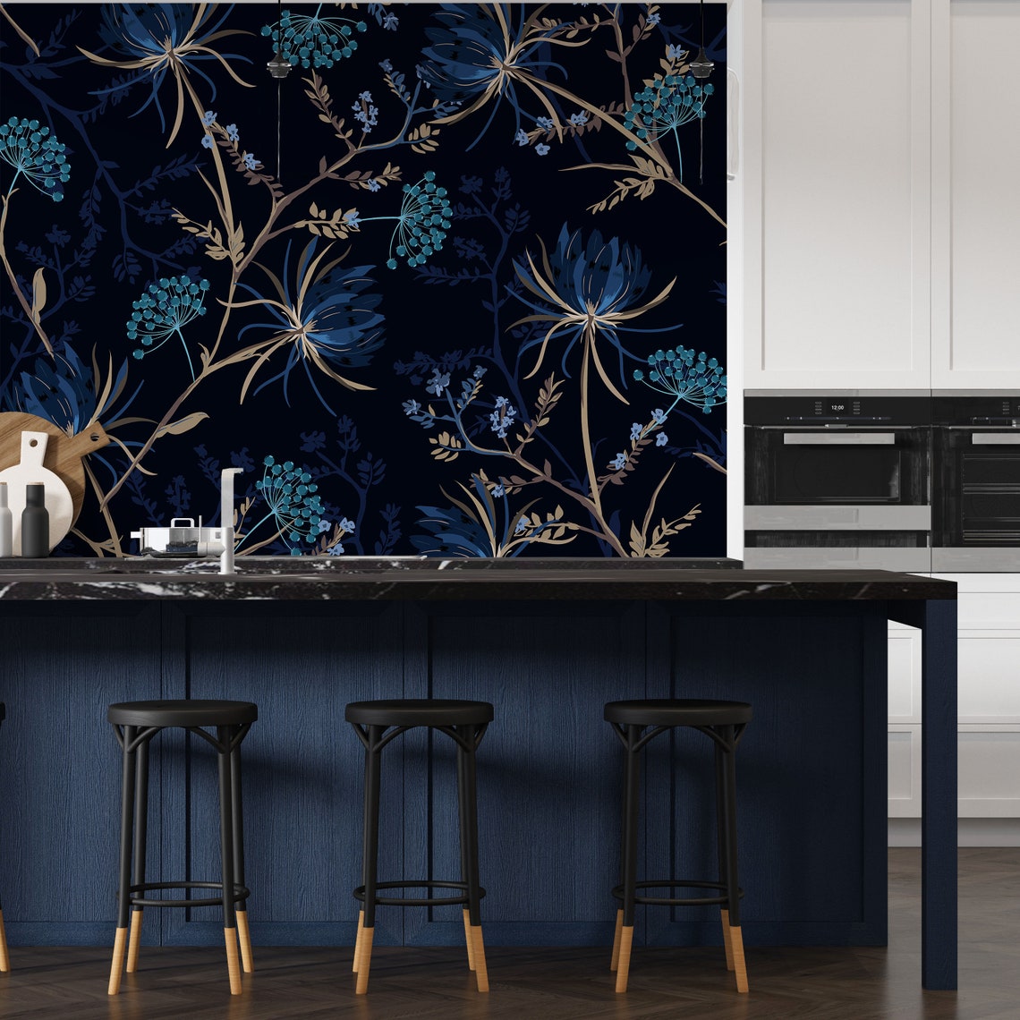 Midnight Lilac Botanical Wallpaper, Mystic Blue Violet Wall Covering ...