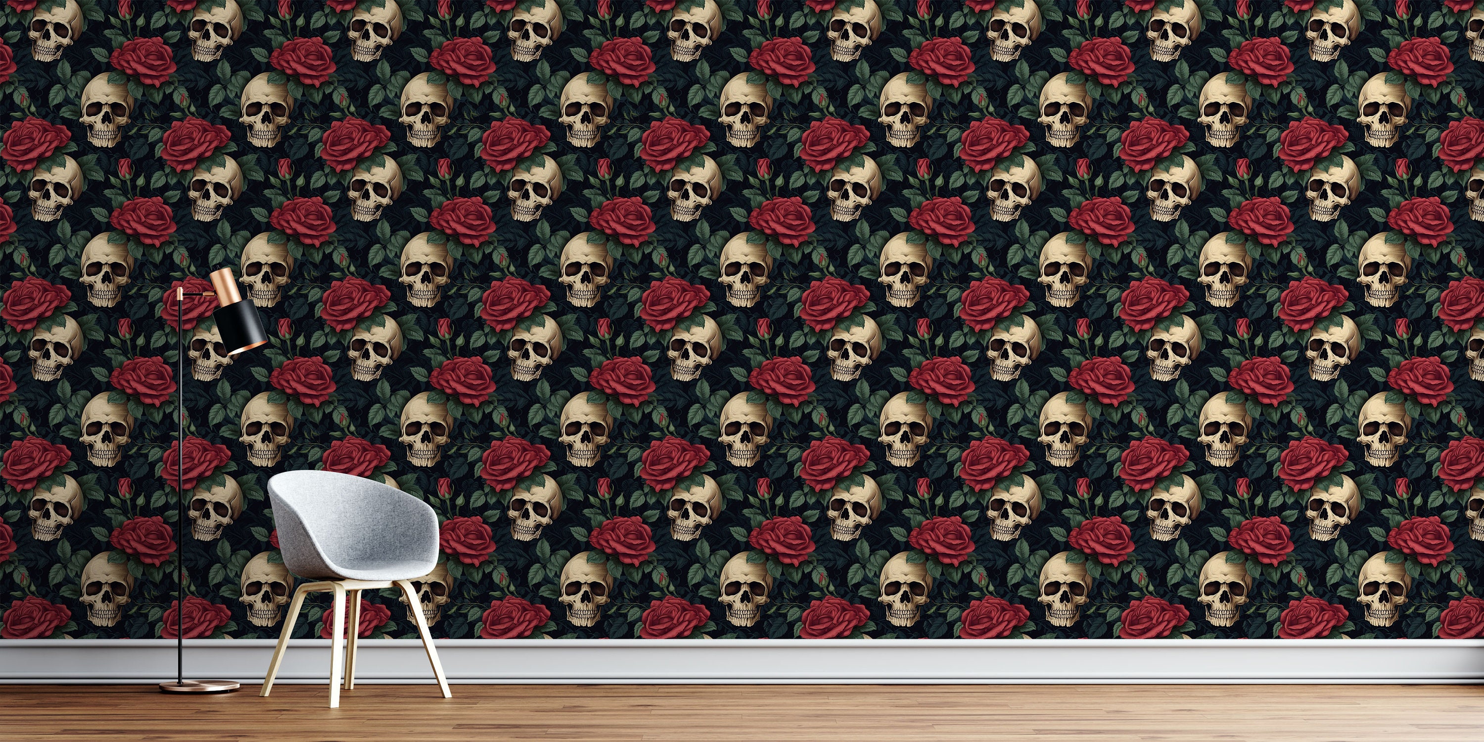 Skull and Rose Wallpaper, Floral Skull Pattern Wallpaper, Dark Artistic ...