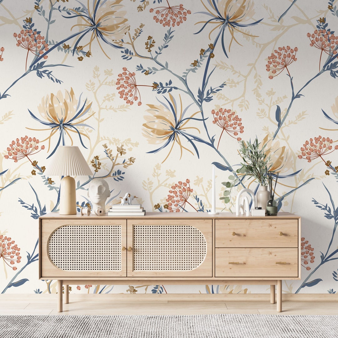 Blue and Orange Floral Wallpaper, Fine Foliage Lace Wall Decor ...