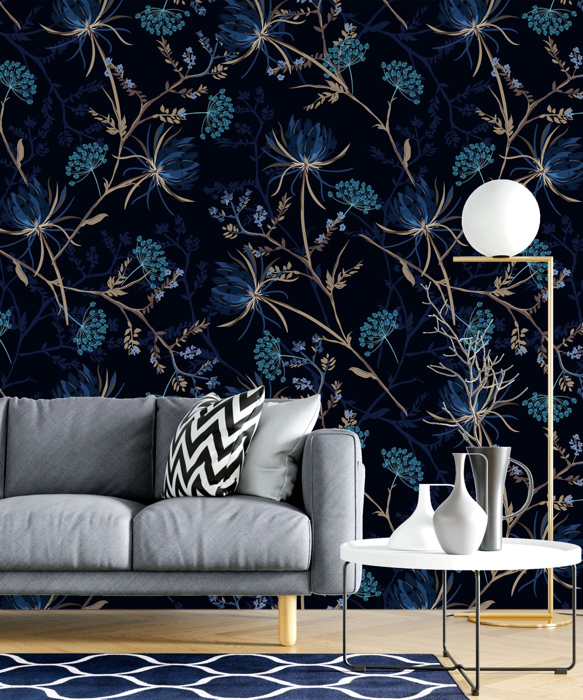 Midnight Lilac Botanical Wallpaper, Mystic Blue Violet Wall Covering ...