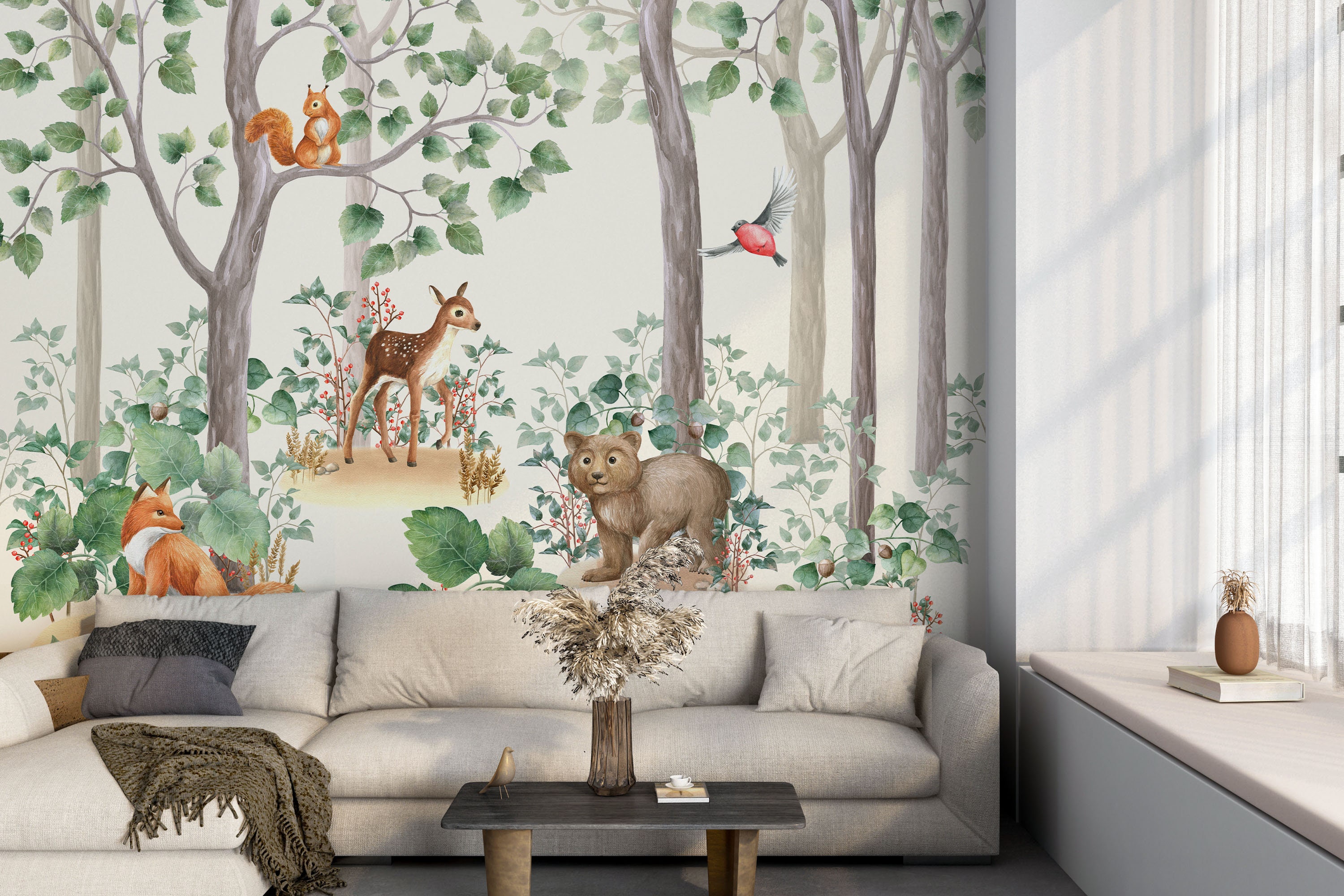 Forest Animals Wallpaper, Enchanting Forest Scene With Bear, Bird, Fox ...