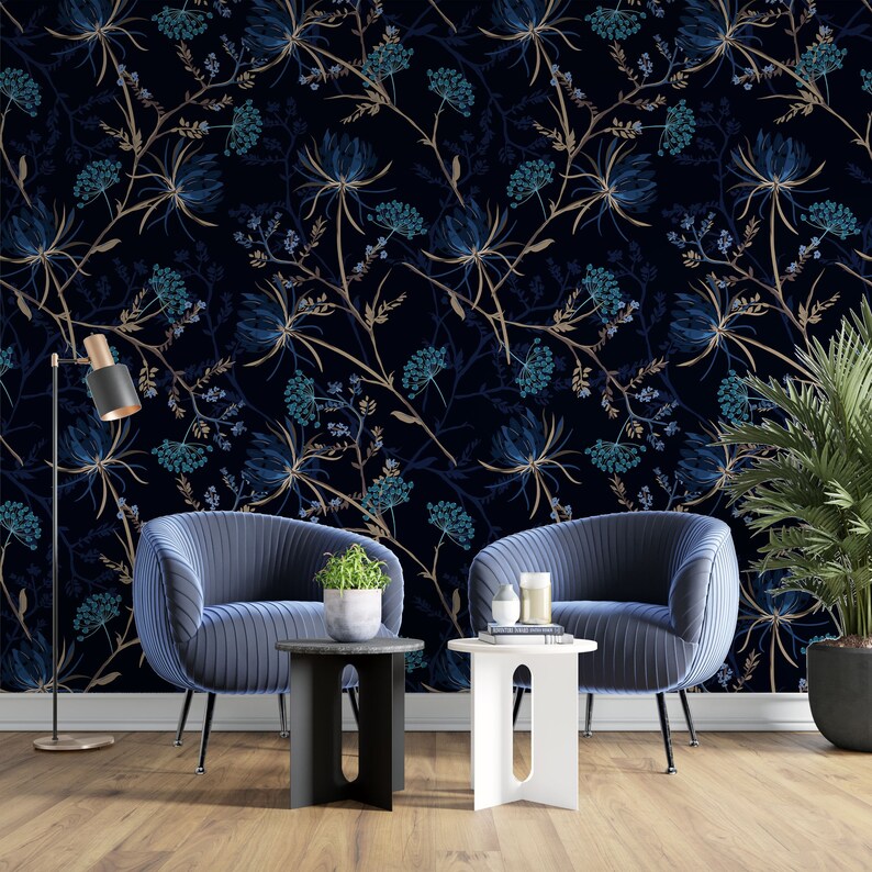 Midnight Lilac Botanical Wallpaper, Mystic Blue Violet Wall Covering ...