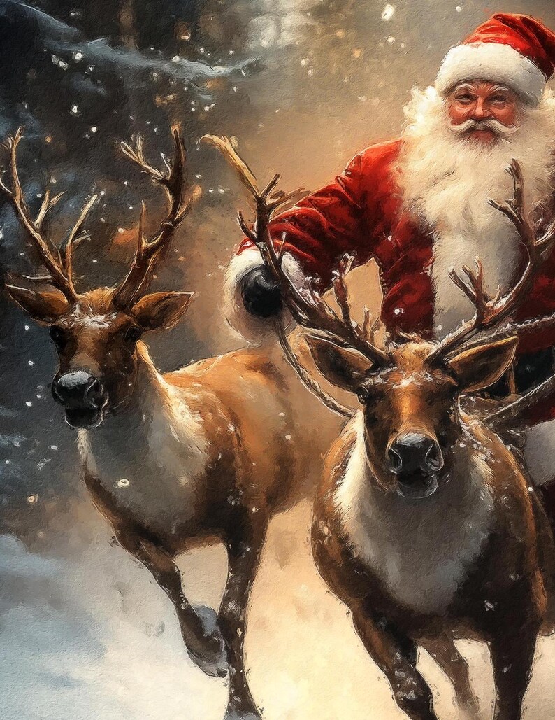 Santa's Midnight Ride Art: Christmas Reindeer Painting - Etsy
