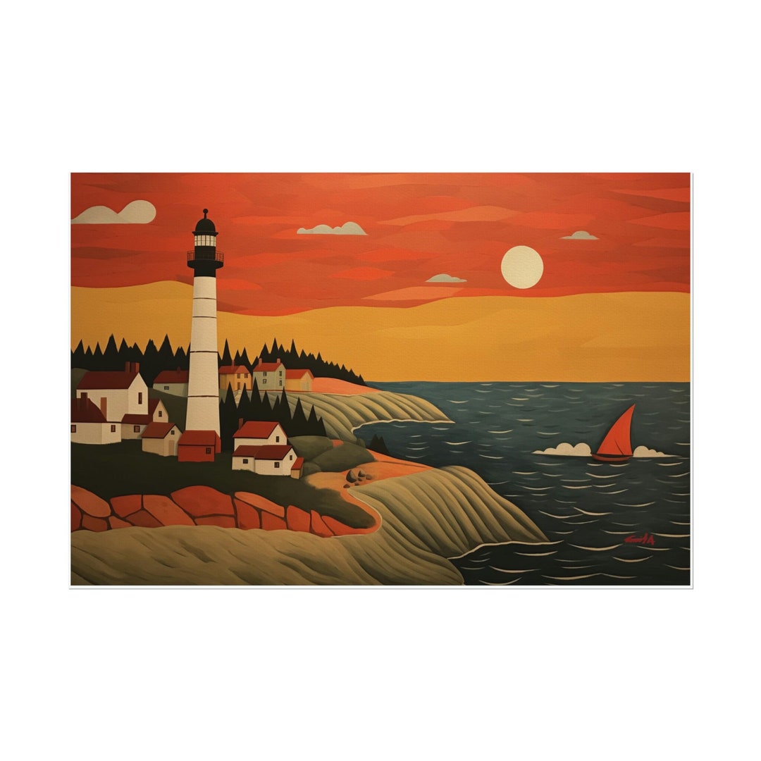 Folk Art Lighthouse Sunset Print, Americana Landscape Wall Art - Etsy