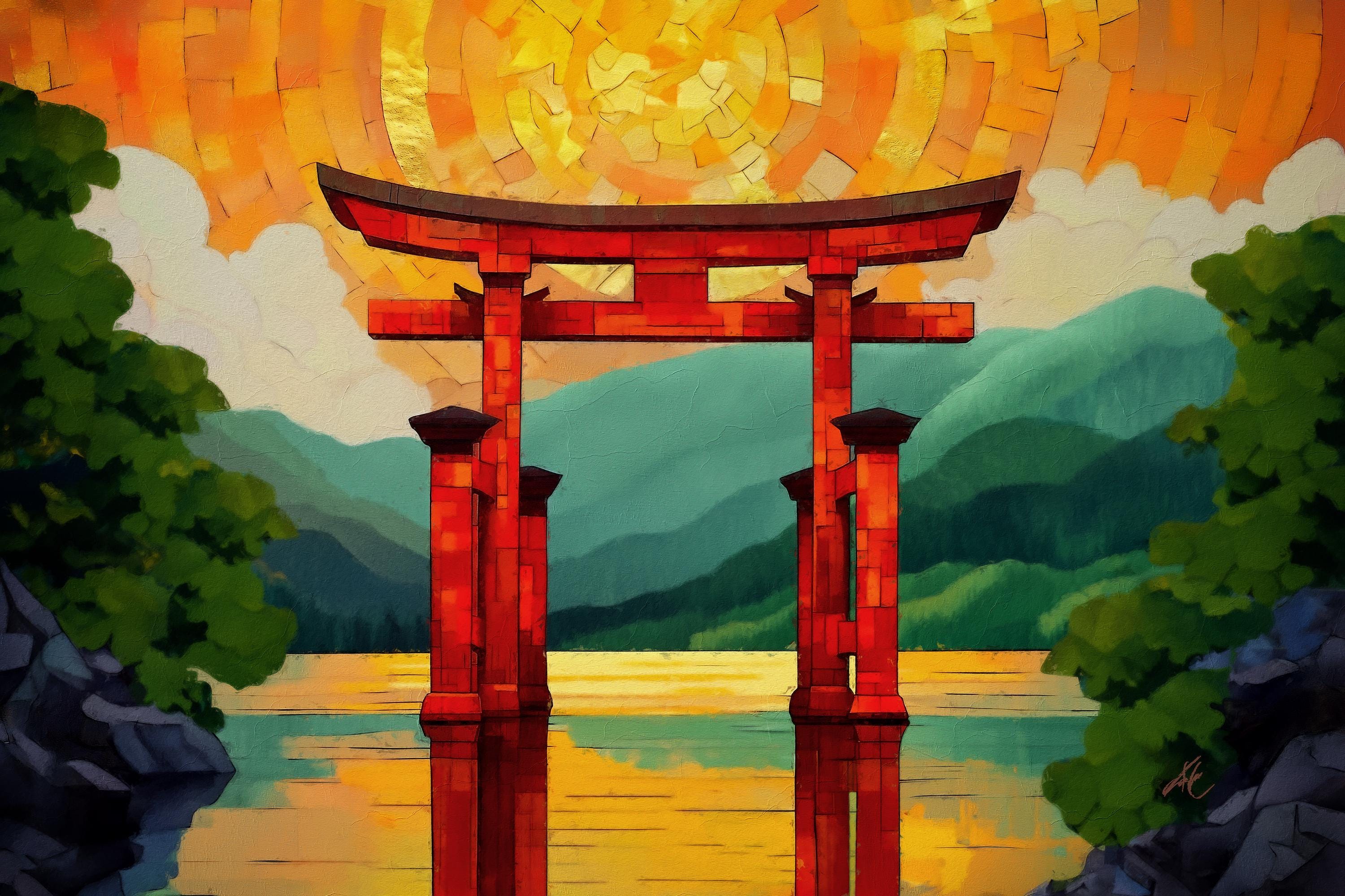 Torii Gate Painting Japanese Serenity Art Red Torii Gate Decor Zen Home ...