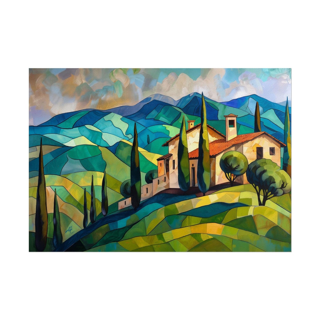 Tuscan Landscape Painting, Italian Countryside Cubism Art - Etsy