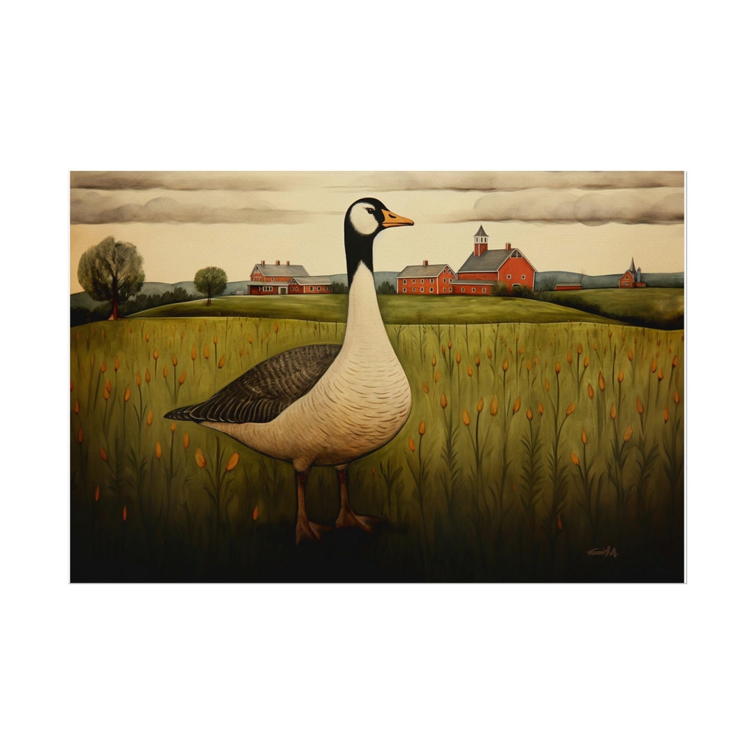 Goose in Field Folk Art Print, Americana Landscape Painting - Etsy