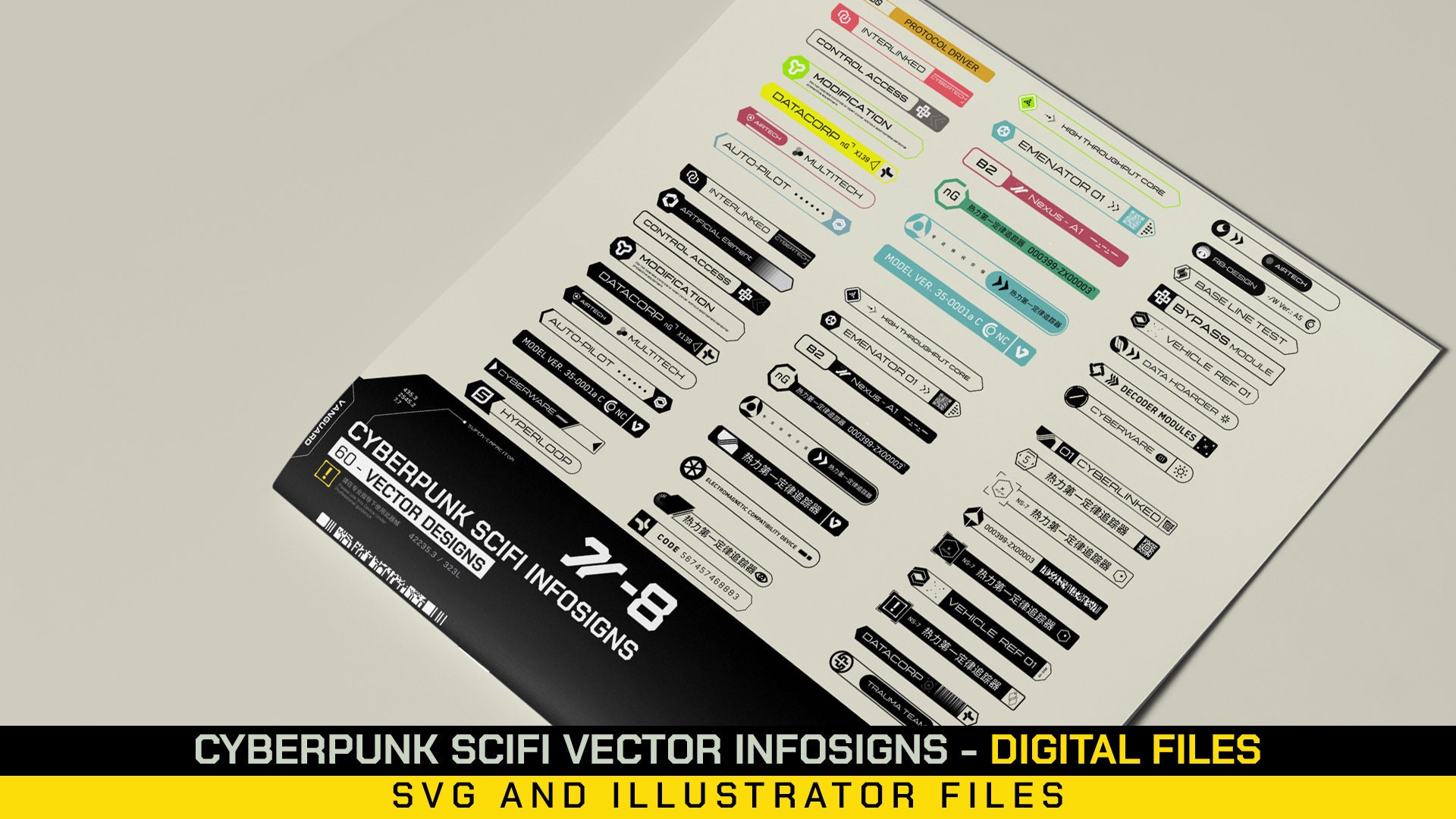 60 Cyberpunk Sci-fi Decals, Vector Info Signs (SVG & Ai Digital Files ...