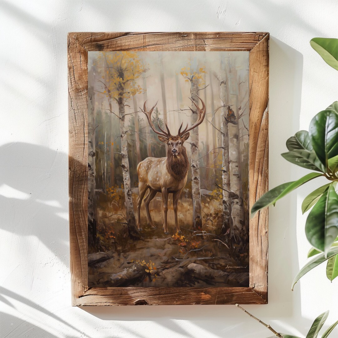 Stag in Forest Painting, Deer Forest Art, Rustic Nature Decor, Wildlife ...
