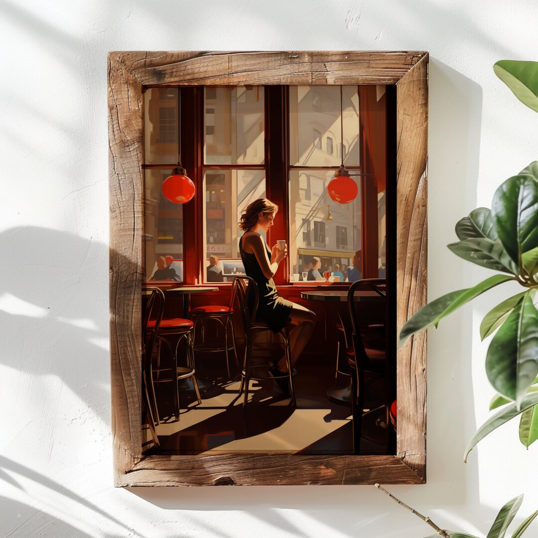 Cafe Scene Painting in the Style of Edward Hopper, Girl in Retro Art ...