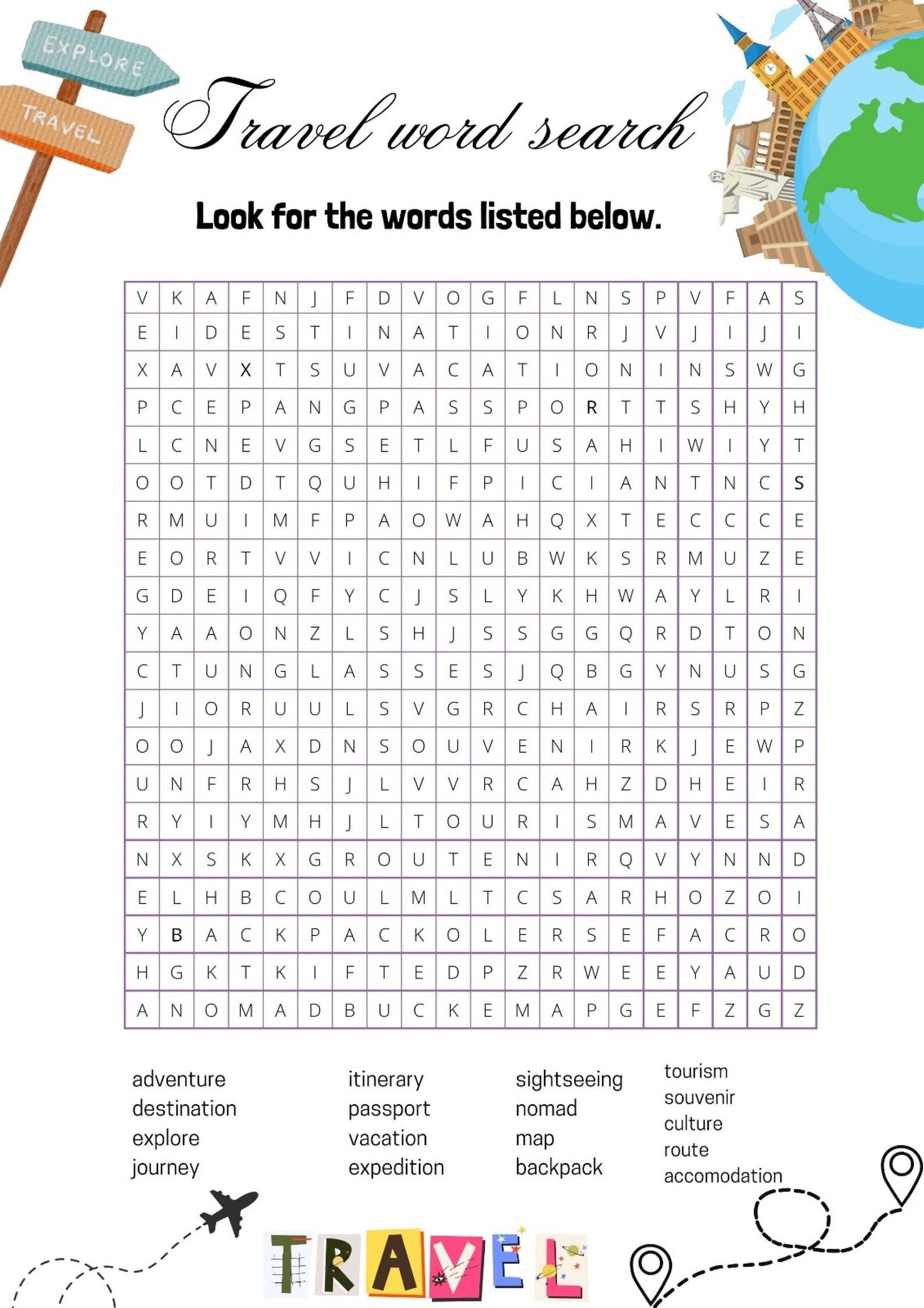 Printable Travel Word Search Word Search Puzzle - Etsy