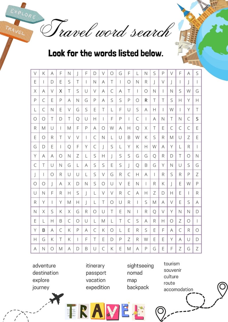 Printable Travel Word Search - Word Search Puzzle - Etsy