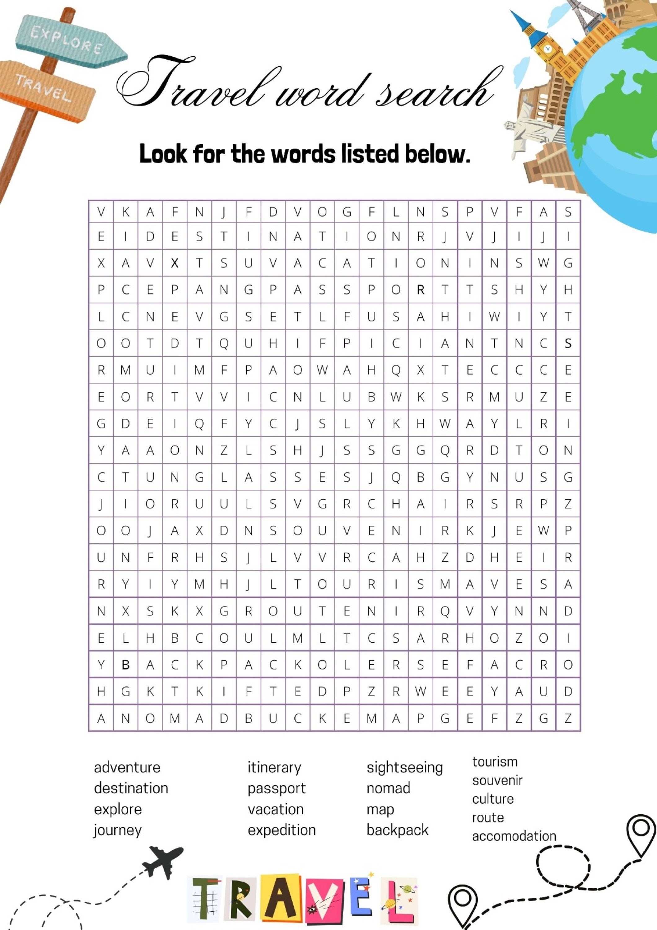 Printable Travel Word Search - Word Search Puzzle - Etsy
