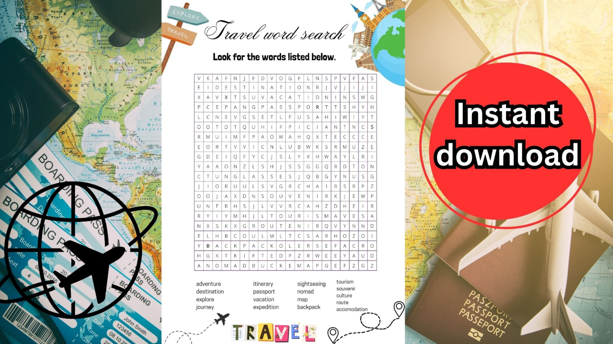 Printable Travel Word Search - Word Search Puzzle - Etsy