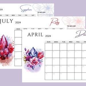 2024 Crystal Calendar Birth Gemstones, Watercolor Printable Digital ...