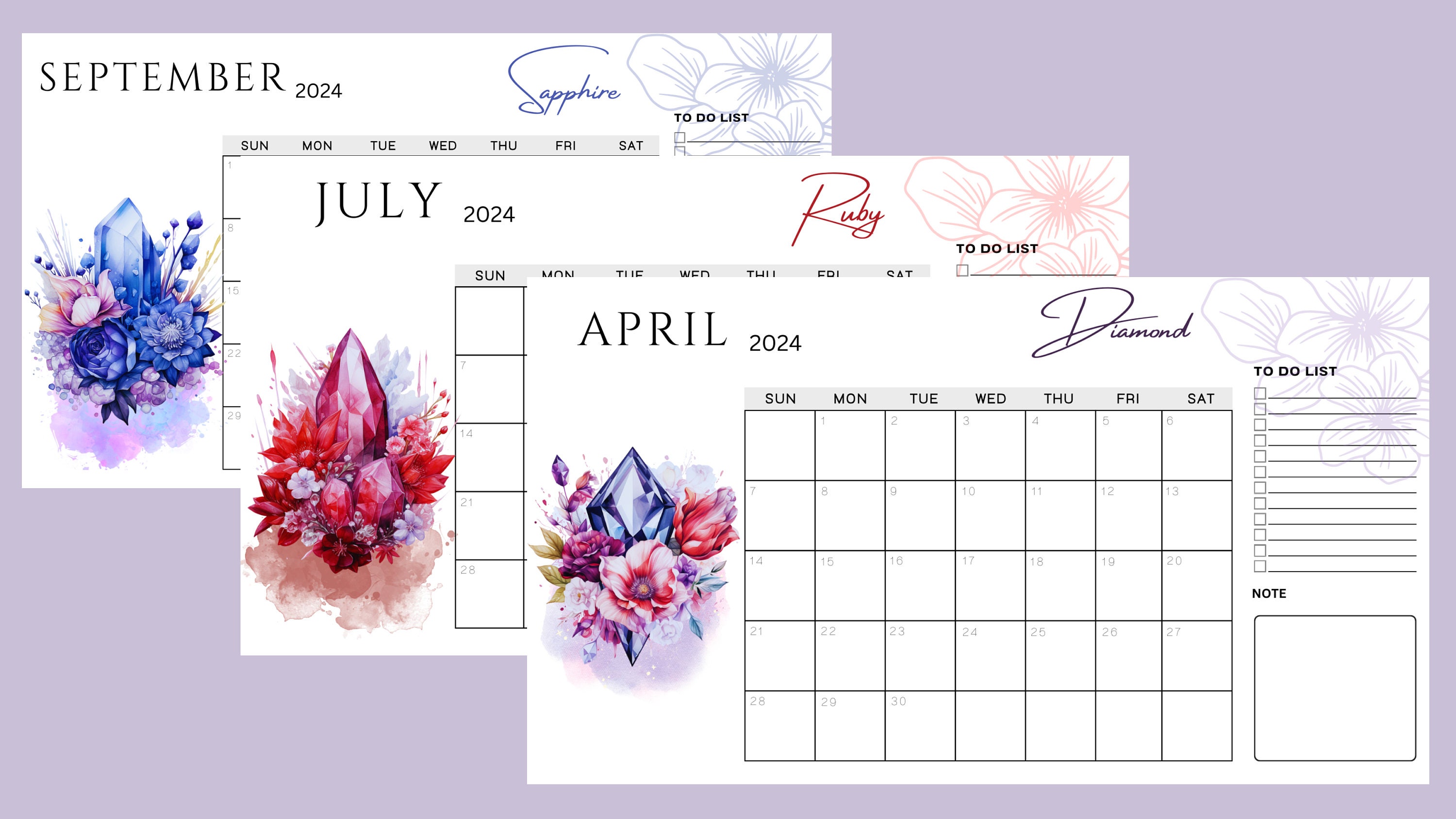 2024 Crystal Calendar Birth Gemstones, Watercolor Printable Digital ...