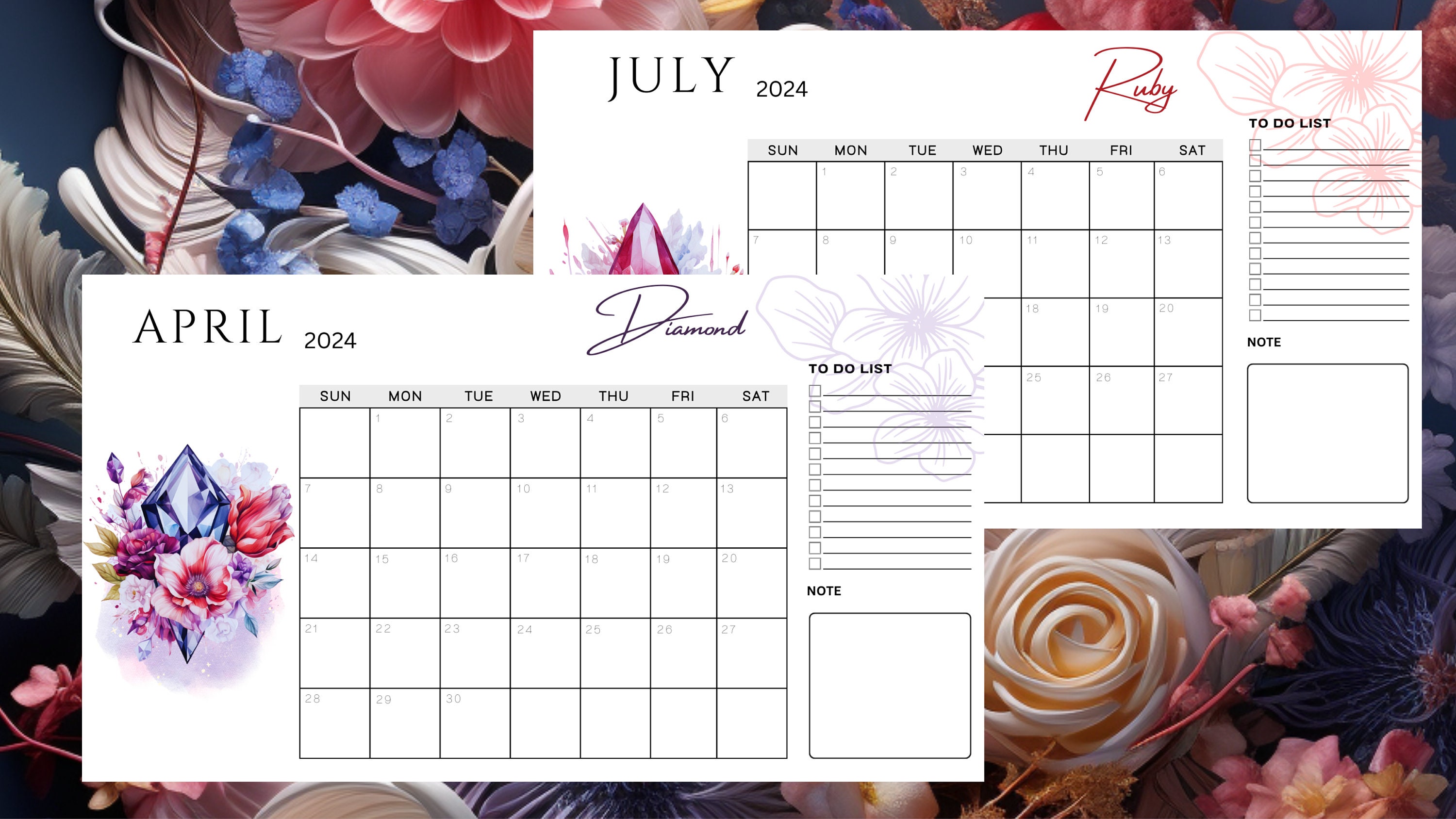 2024 Crystal Calendar Birth Gemstones, Watercolor Printable Digital ...