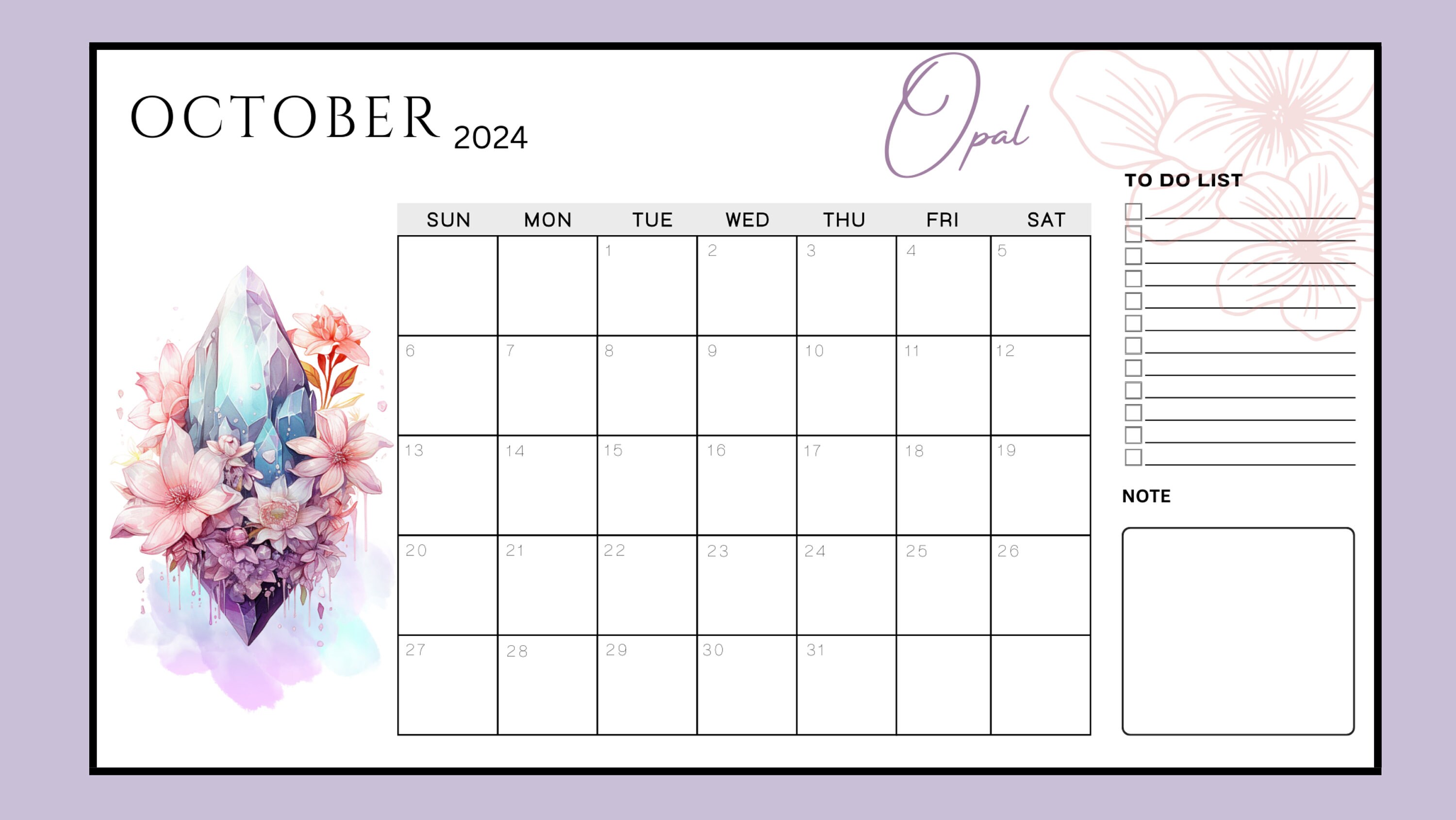 2024 Crystal Calendar Birth Gemstones, Watercolor Printable Digital ...
