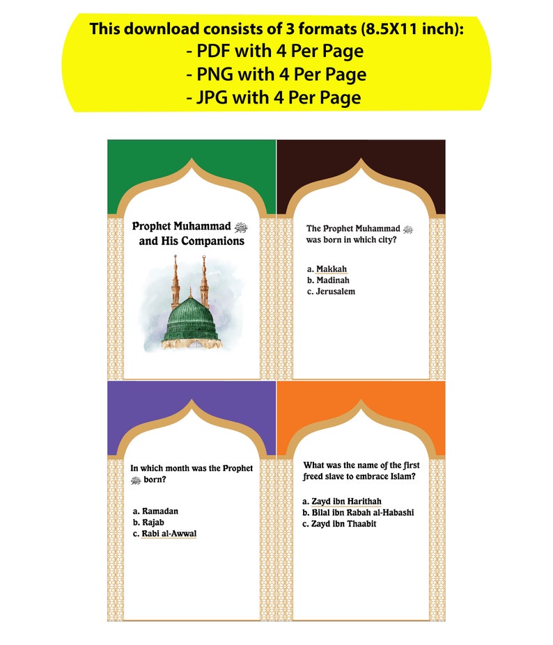 Prophet Muhammad Islamic Questions Flash Cards, Quran Basics of Muslim ...