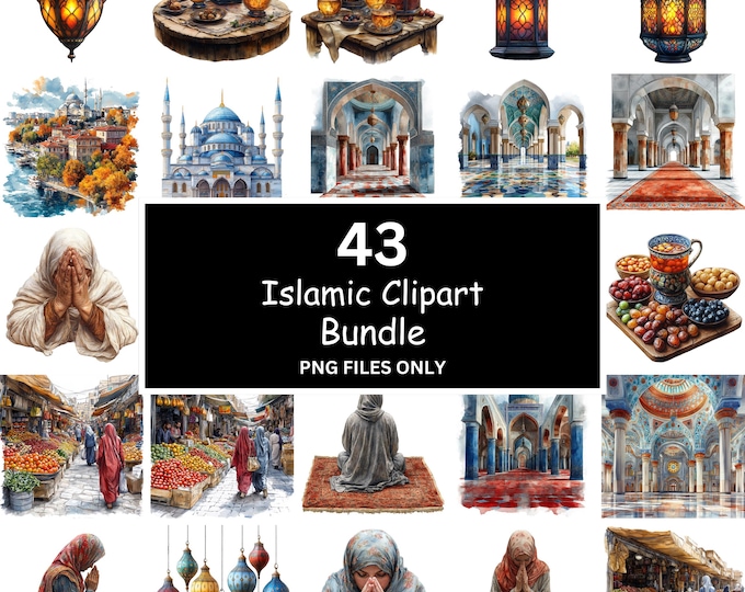 Islam Clipart, Muslim Clipart PNG Bundle, 43 PNG Islamic Watercolor ...