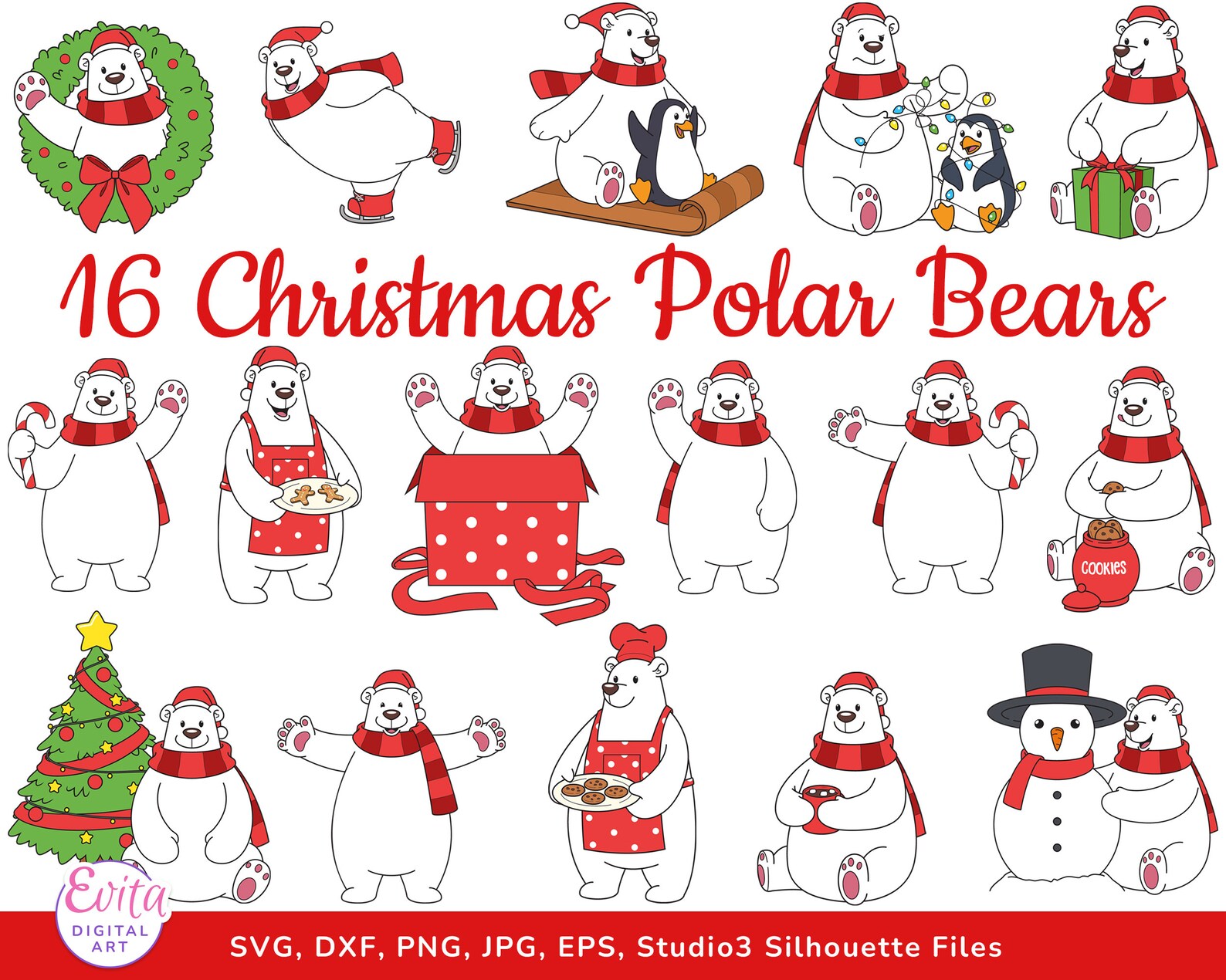 Cute Christmas Polar Bear SVG Clipart Bundle, Cricut, Silhouette, EPS ...